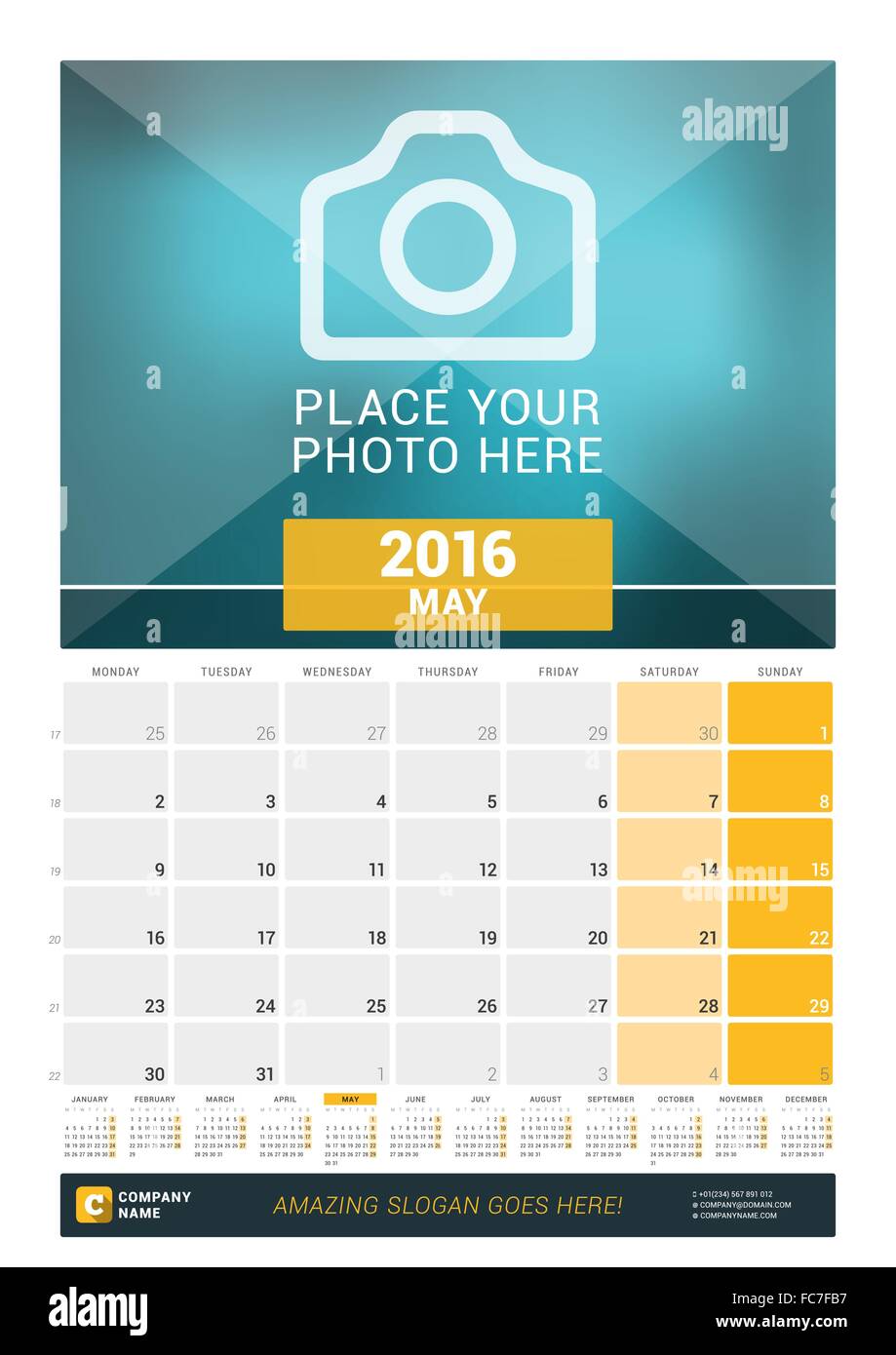 May 2016. Wall Monthly Calendar for 2016 Year. Vector Design Print ...