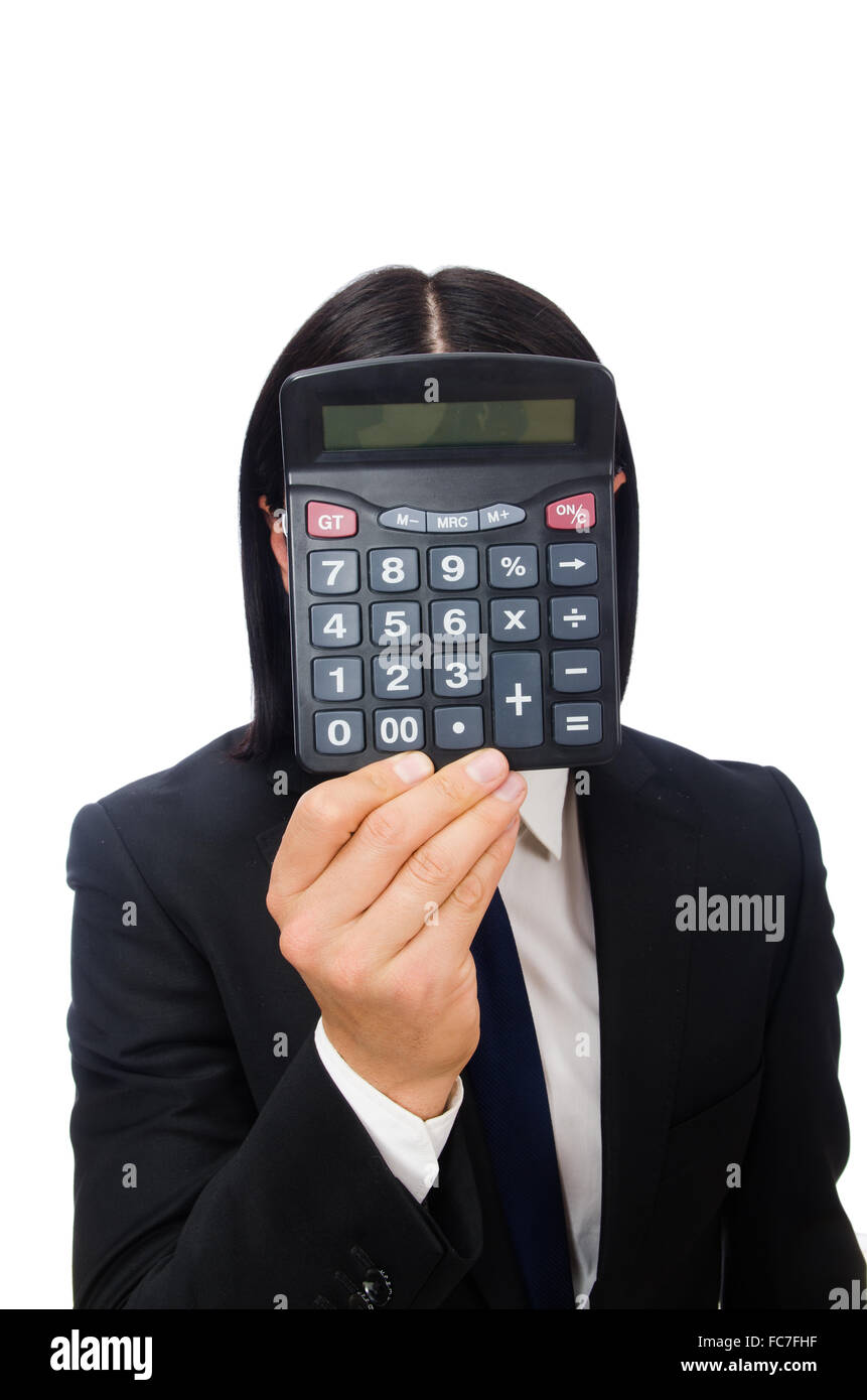 Man with calculator isolated on white Stock Photo - Alamy