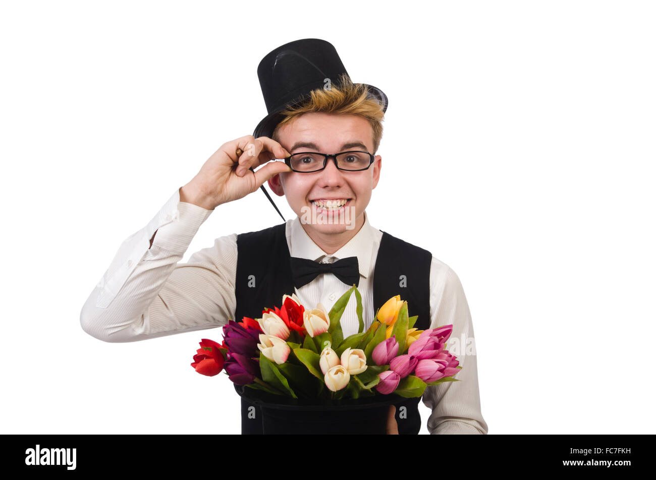 Smiling gentleman with flowers isolated on white Stock Photo - Alamy