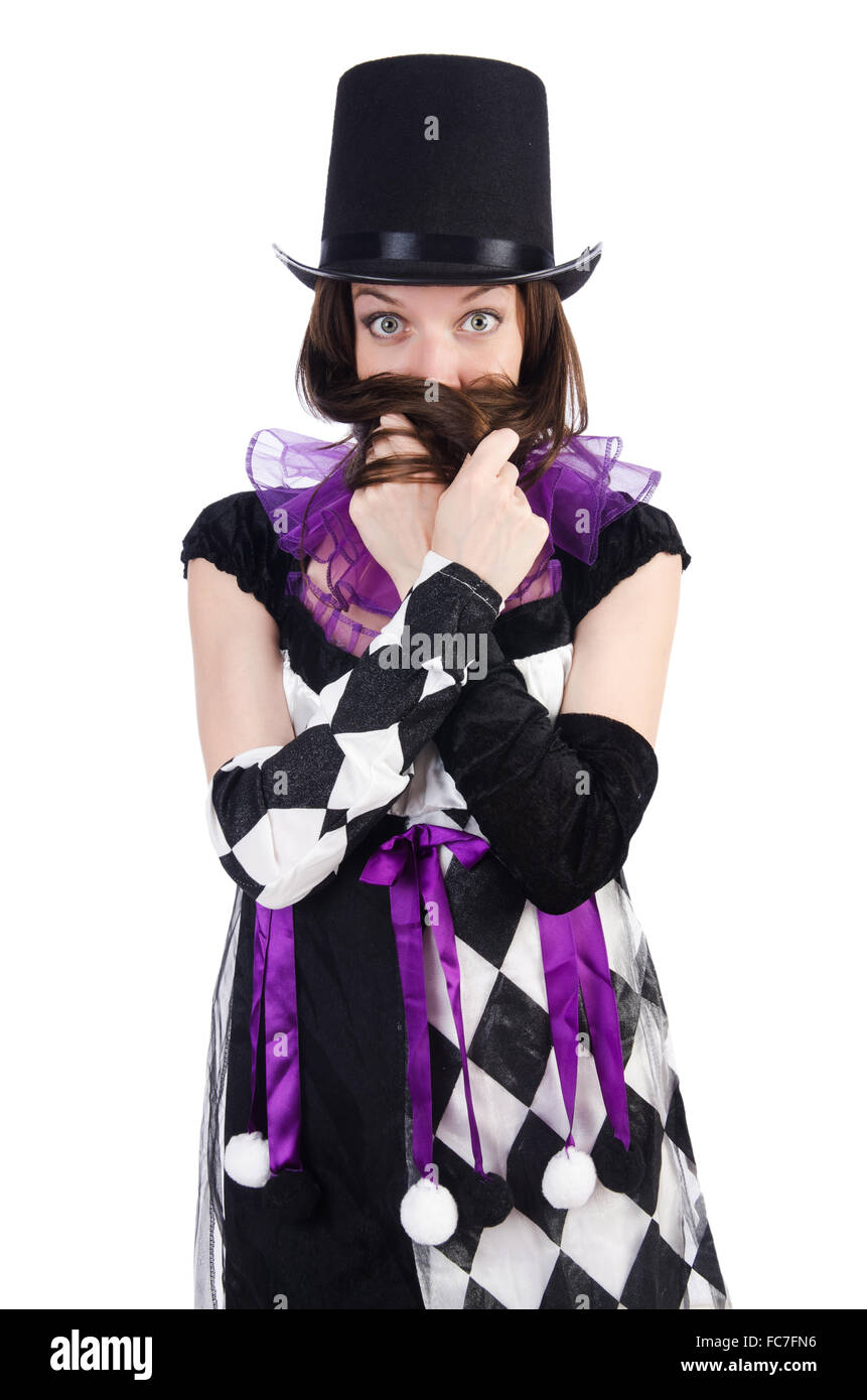 Pretty girl in jester costume isolated on white Stock Photo - Alamy