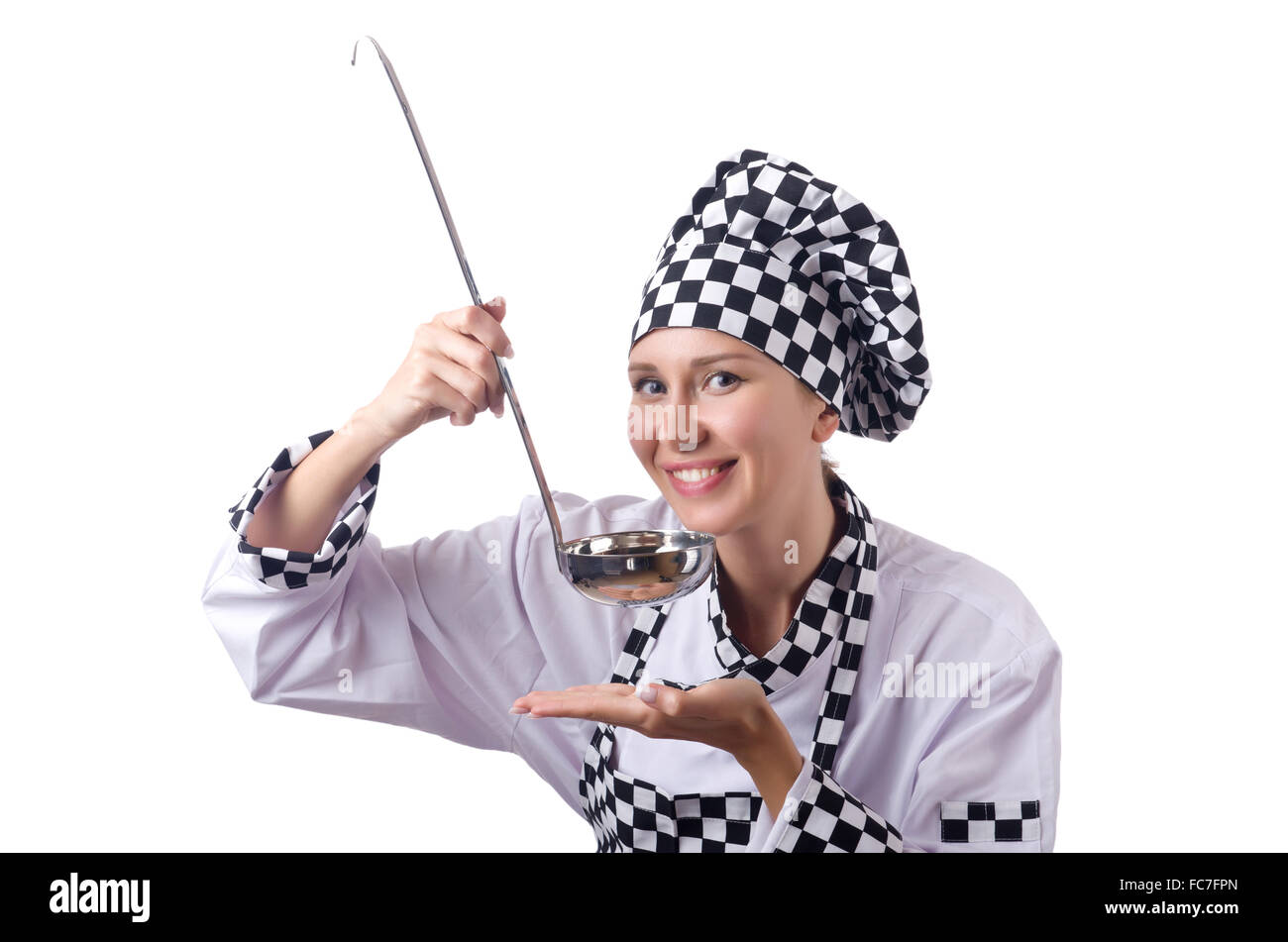 Female chef holding spoon isolated on white Stock Photo - Alamy