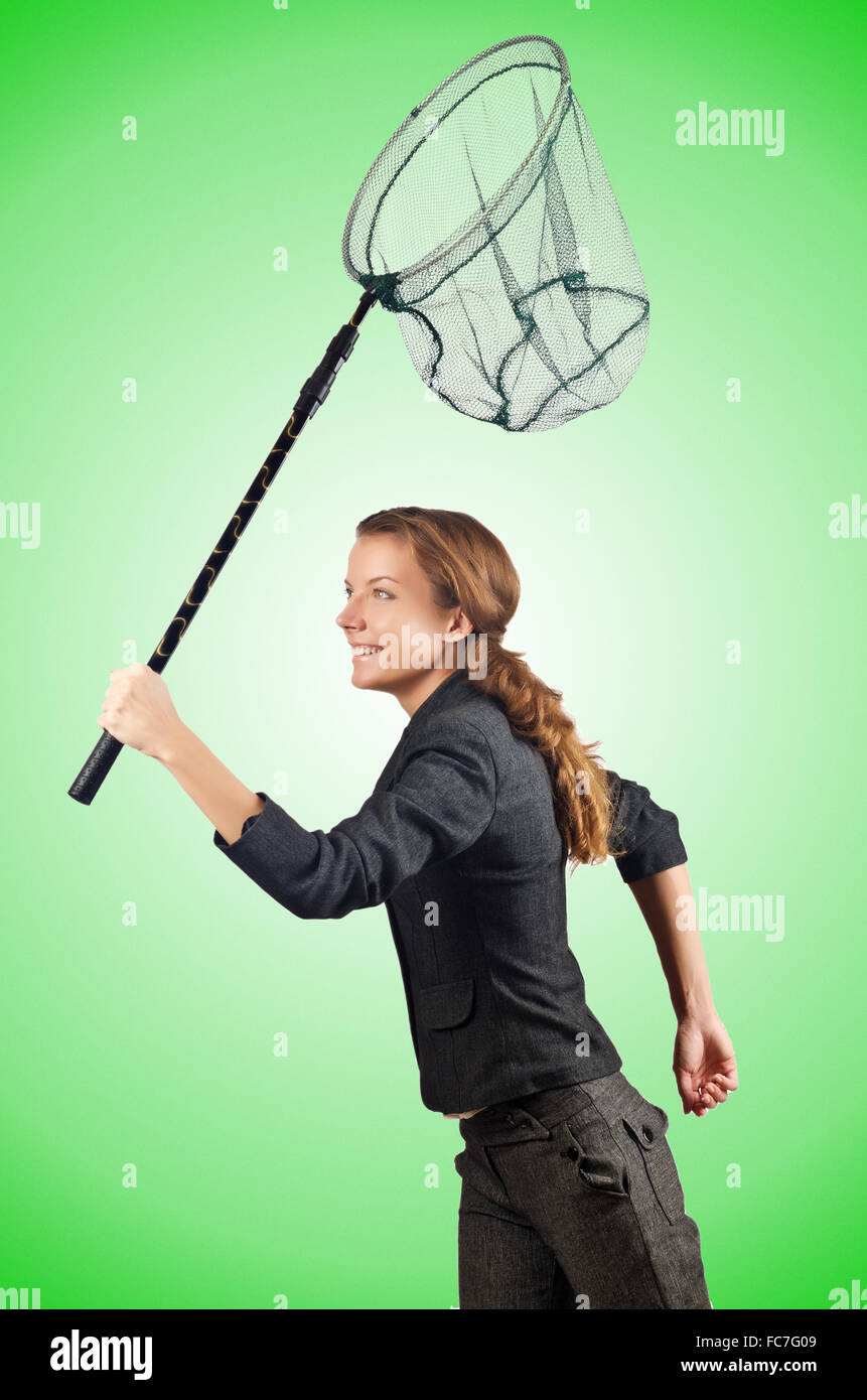 Woman with net isolated on white Stock Photo - Alamy