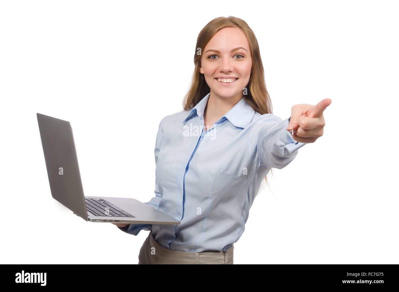 Office employee holding laptop isolated on white Stock Photo - Alamy