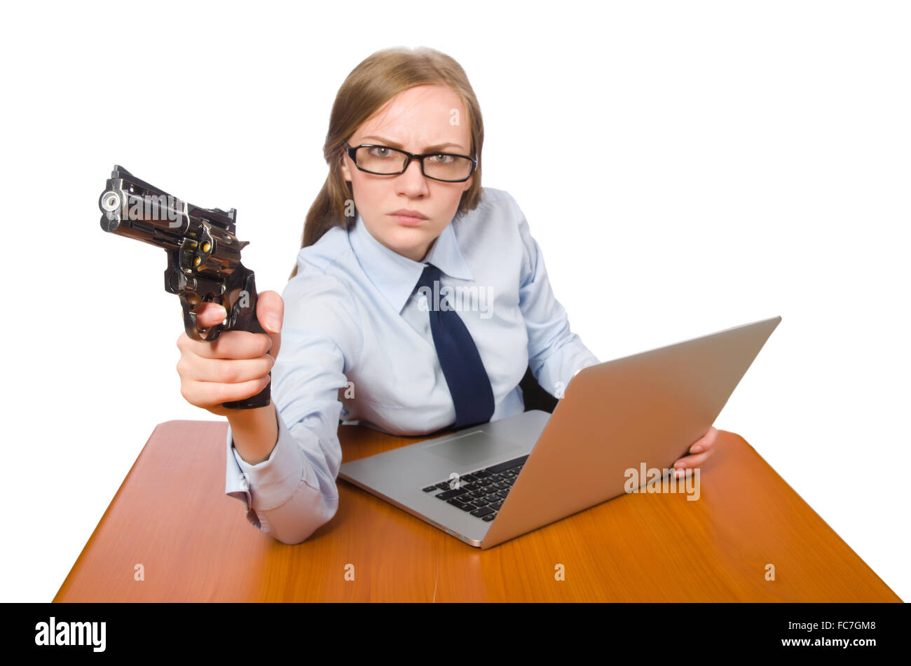 Office employee wth handgun isolated on white Stock Photo - Alamy