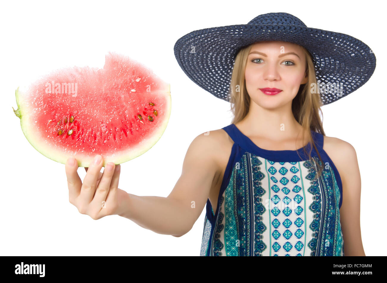 Woman with watermelon isolated on white Stock Photo - Alamy