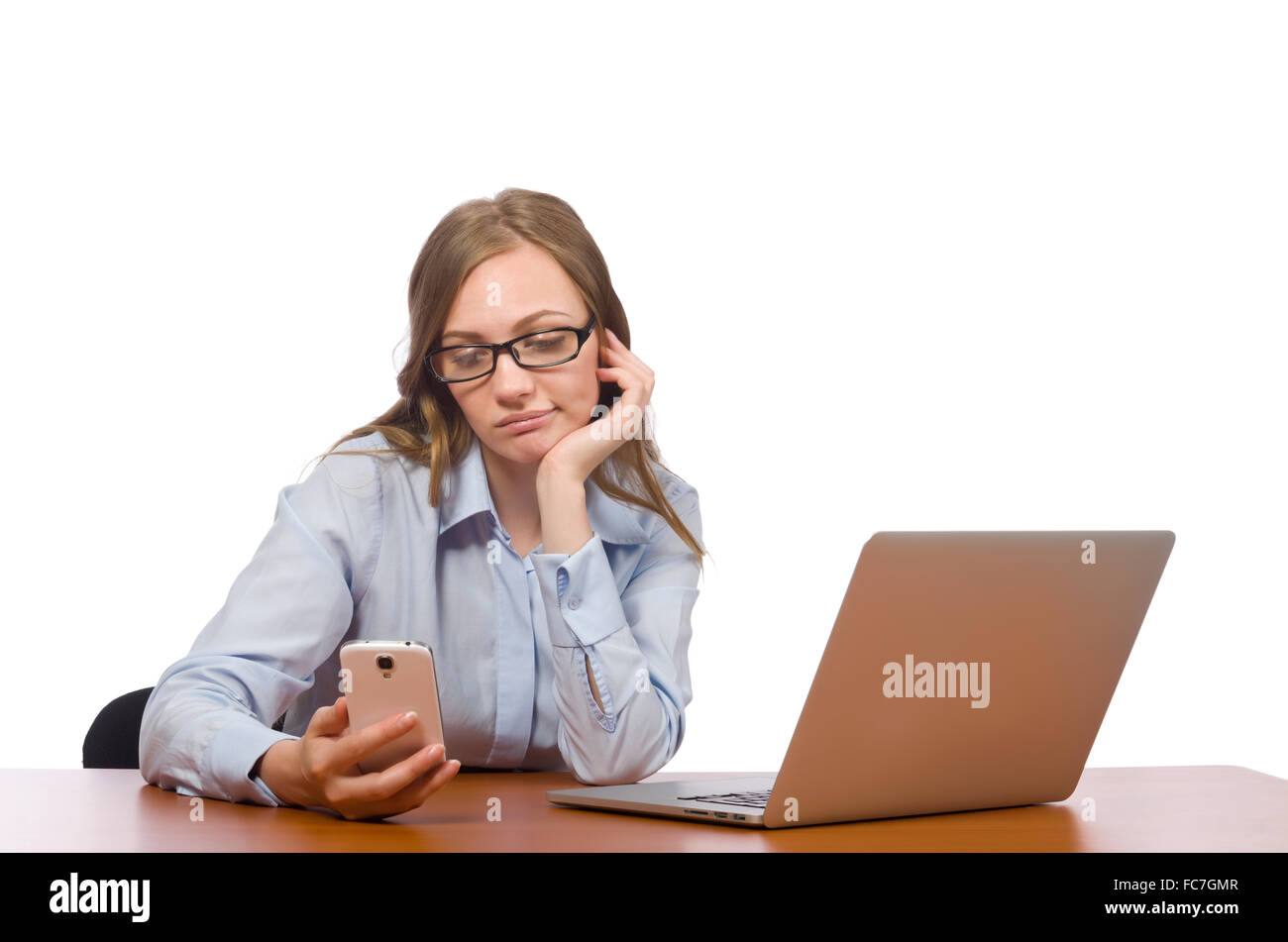 Office employee with laptop and phone isolated on white Stock Photo - Alamy