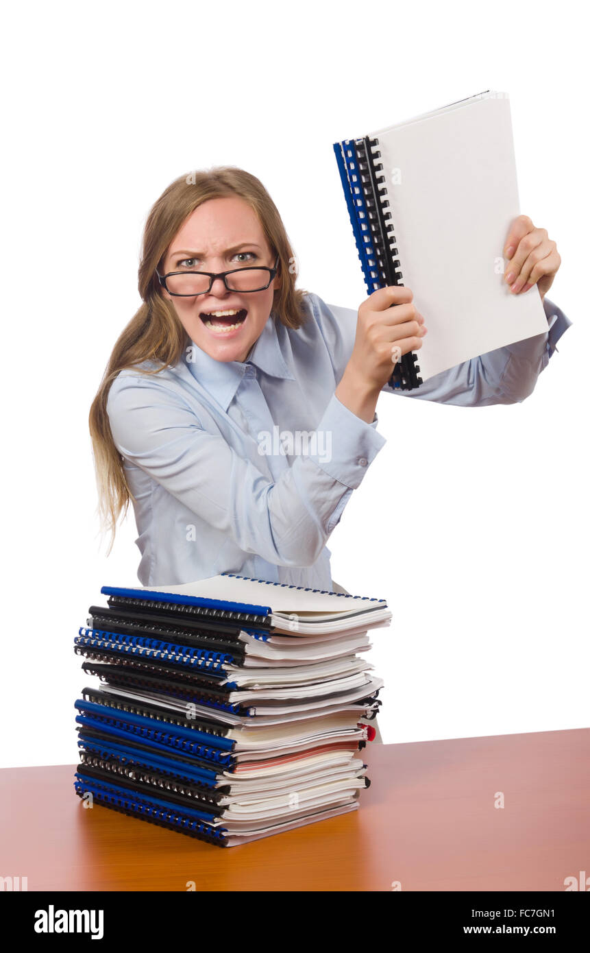 Office employee at work table isolated on white Stock Photo - Alamy