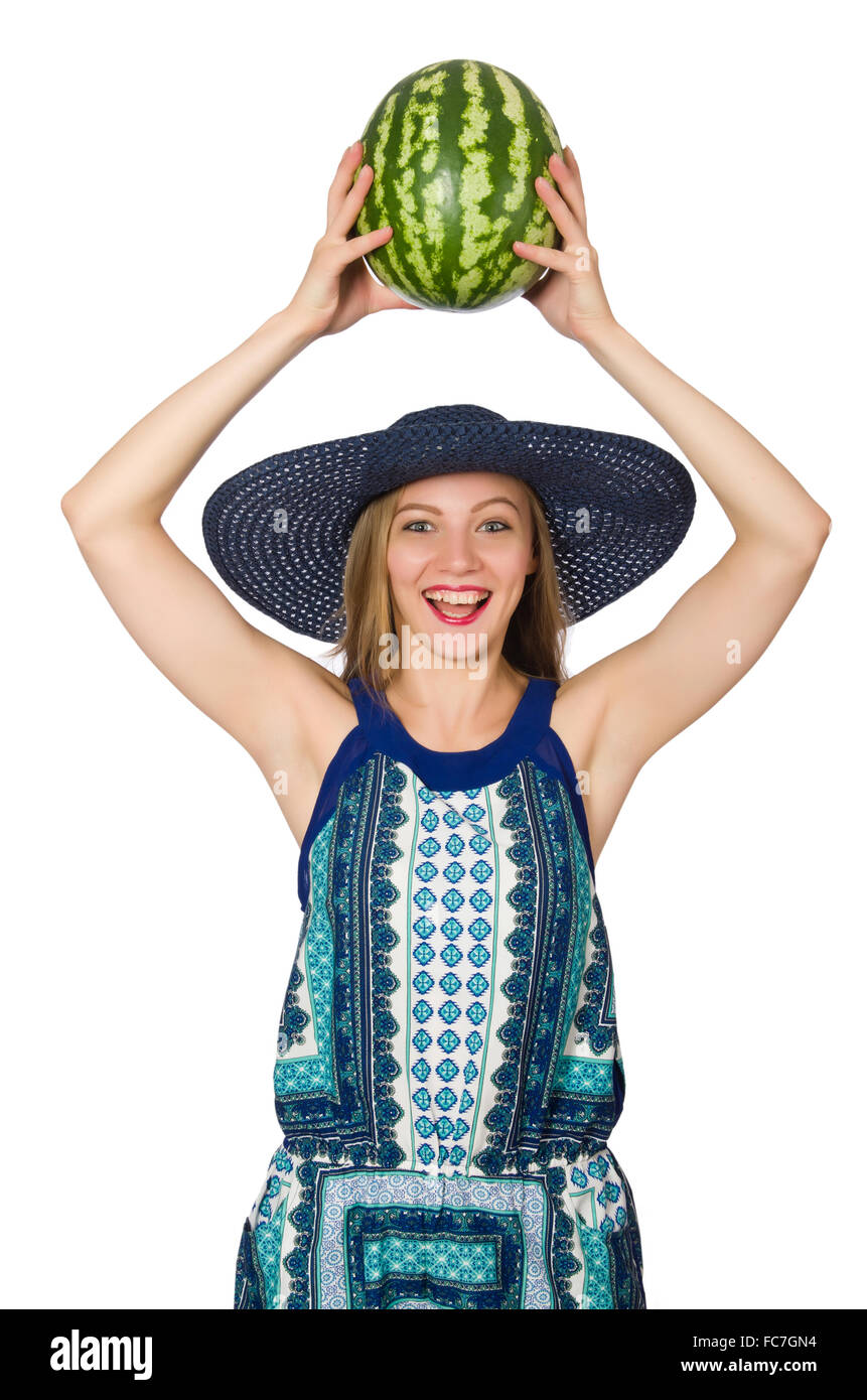 Woman with watermelon isolated on white Stock Photo - Alamy