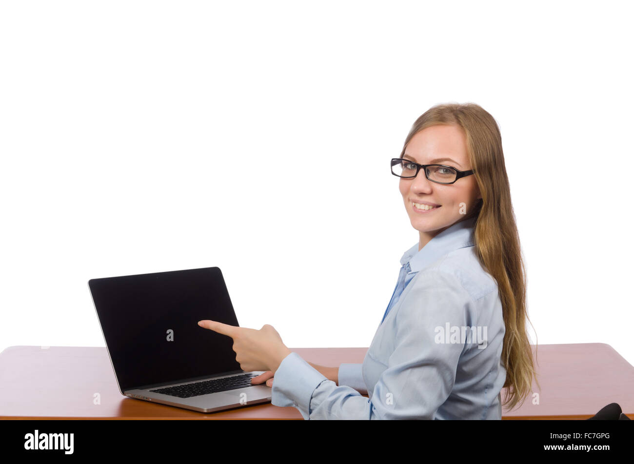 Office employee at work table isolated on white Stock Photo - Alamy