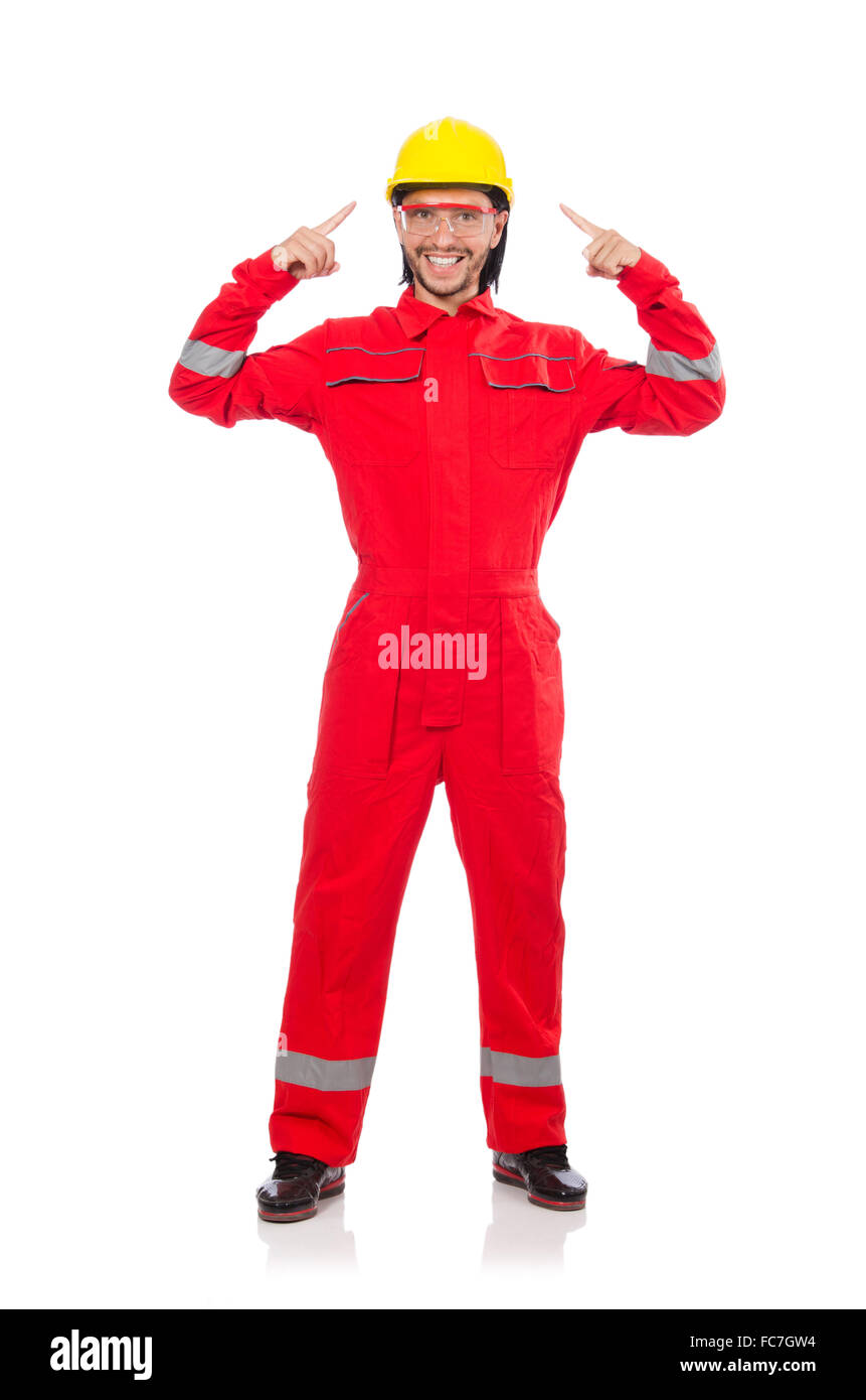Man wearing red coveralls isolated on white Stock Photo - Alamy
