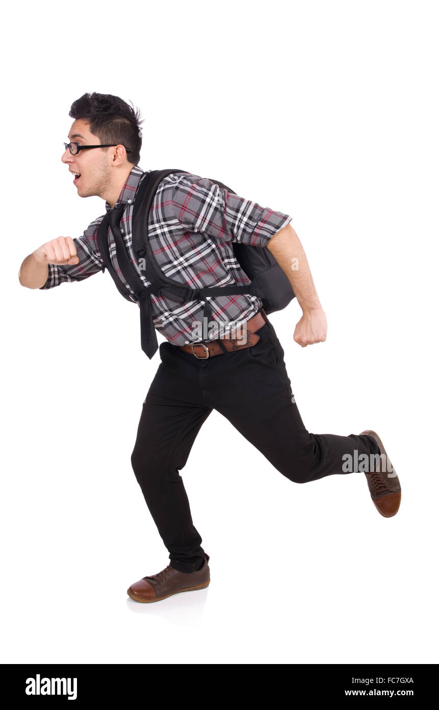 Young employee with backpack isolated on white Stock Photo - Alamy