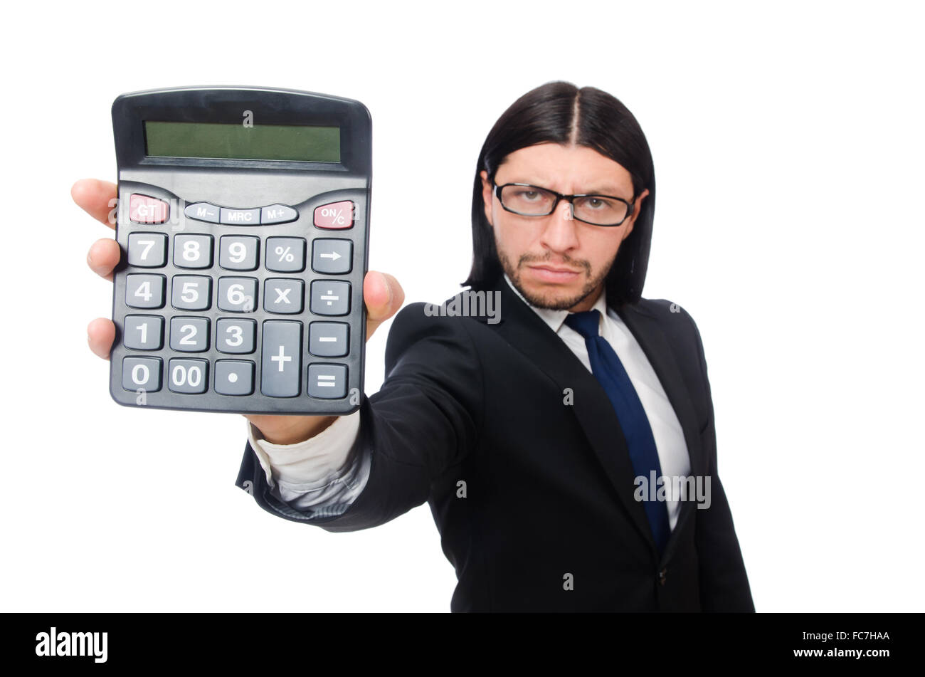 Man with calculator isolated on white Stock Photo - Alamy