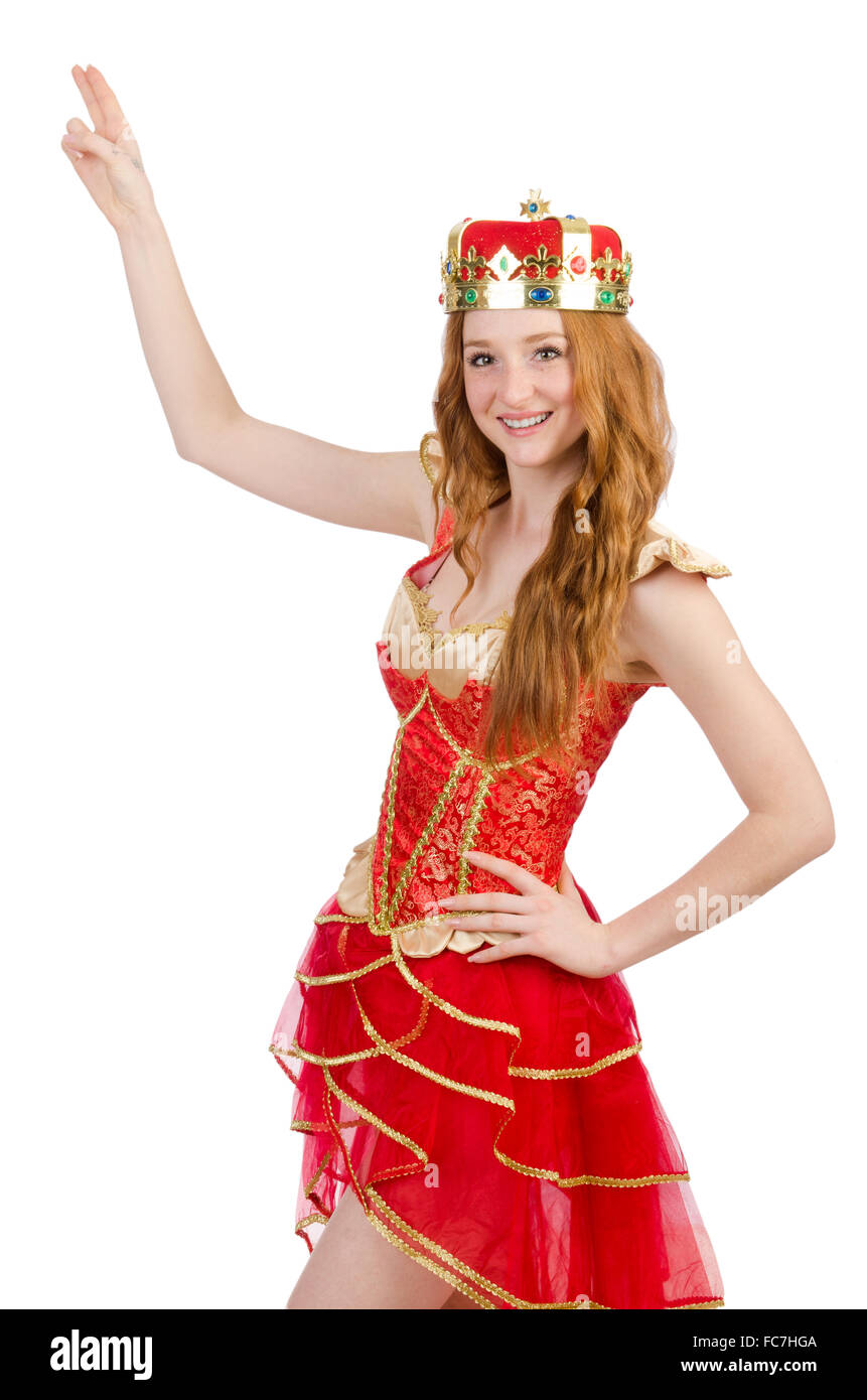Princess wearing crown and red dress isolated on white Stock Photo - Alamy