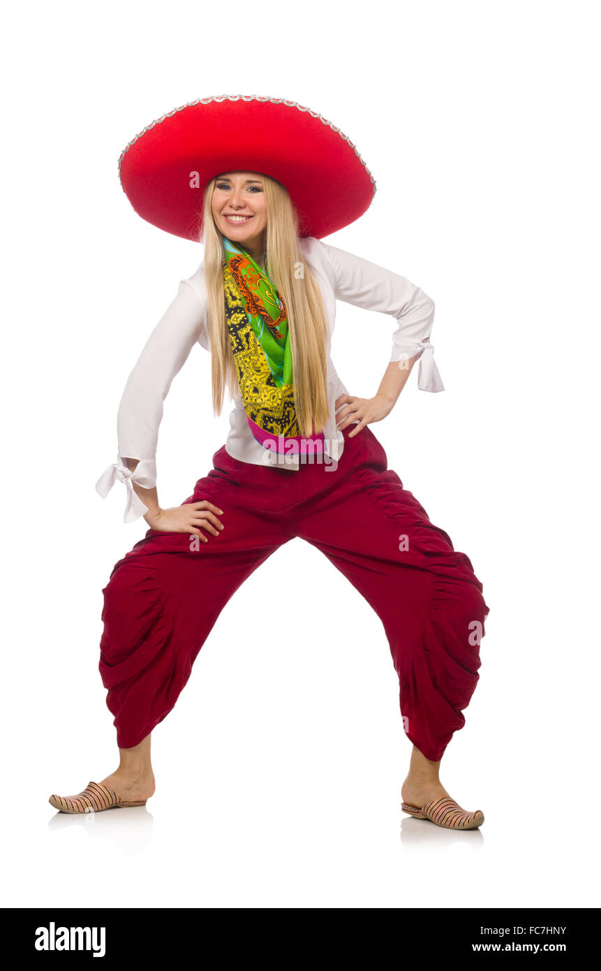 Mexican girl with sombrero dancing on white Stock Photo - Alamy