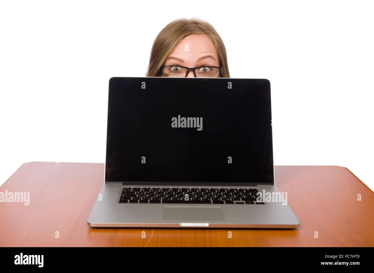 Office employee at work table isolated on white Stock Photo - Alamy