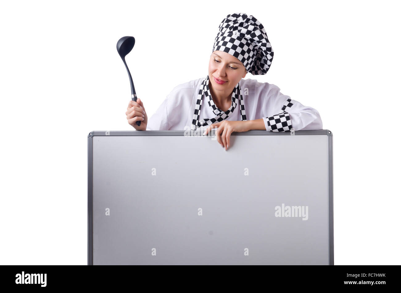 Female chef in uniform with menu board isolated on white Stock Photo ...