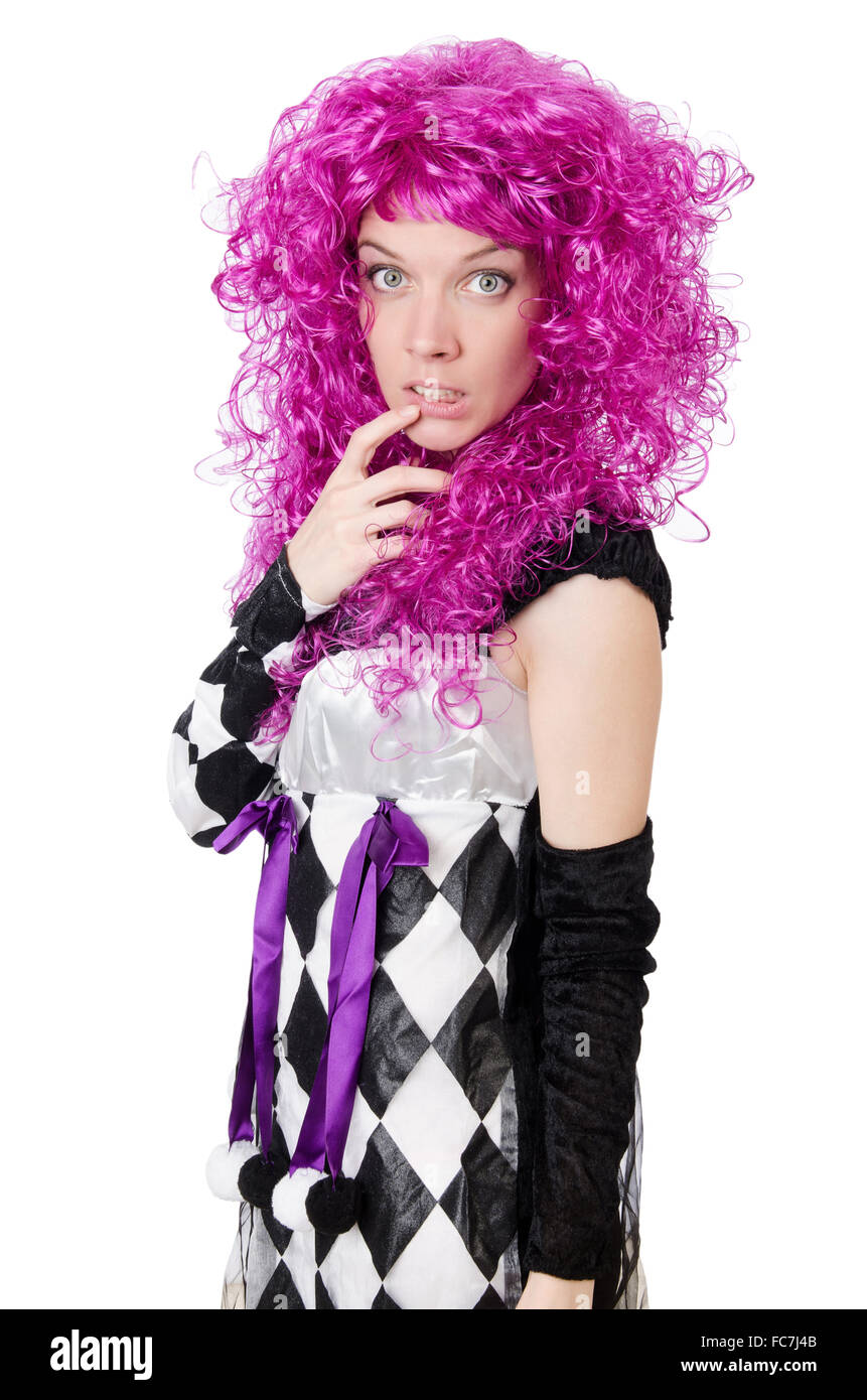 Pretty girl in jester costume isolated on white Stock Photo - Alamy