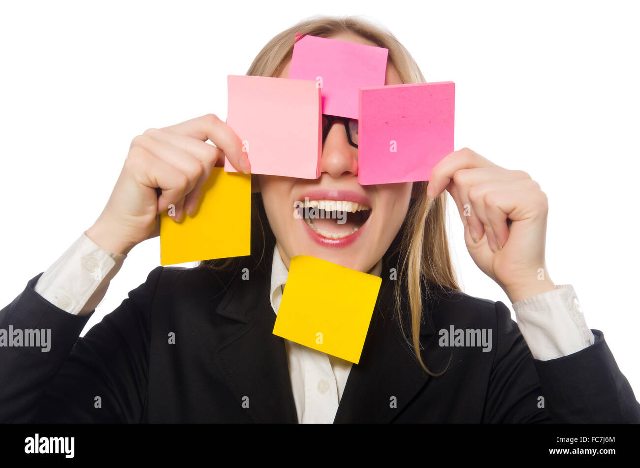 Woman with reminders isolated on white Stock Photo - Alamy