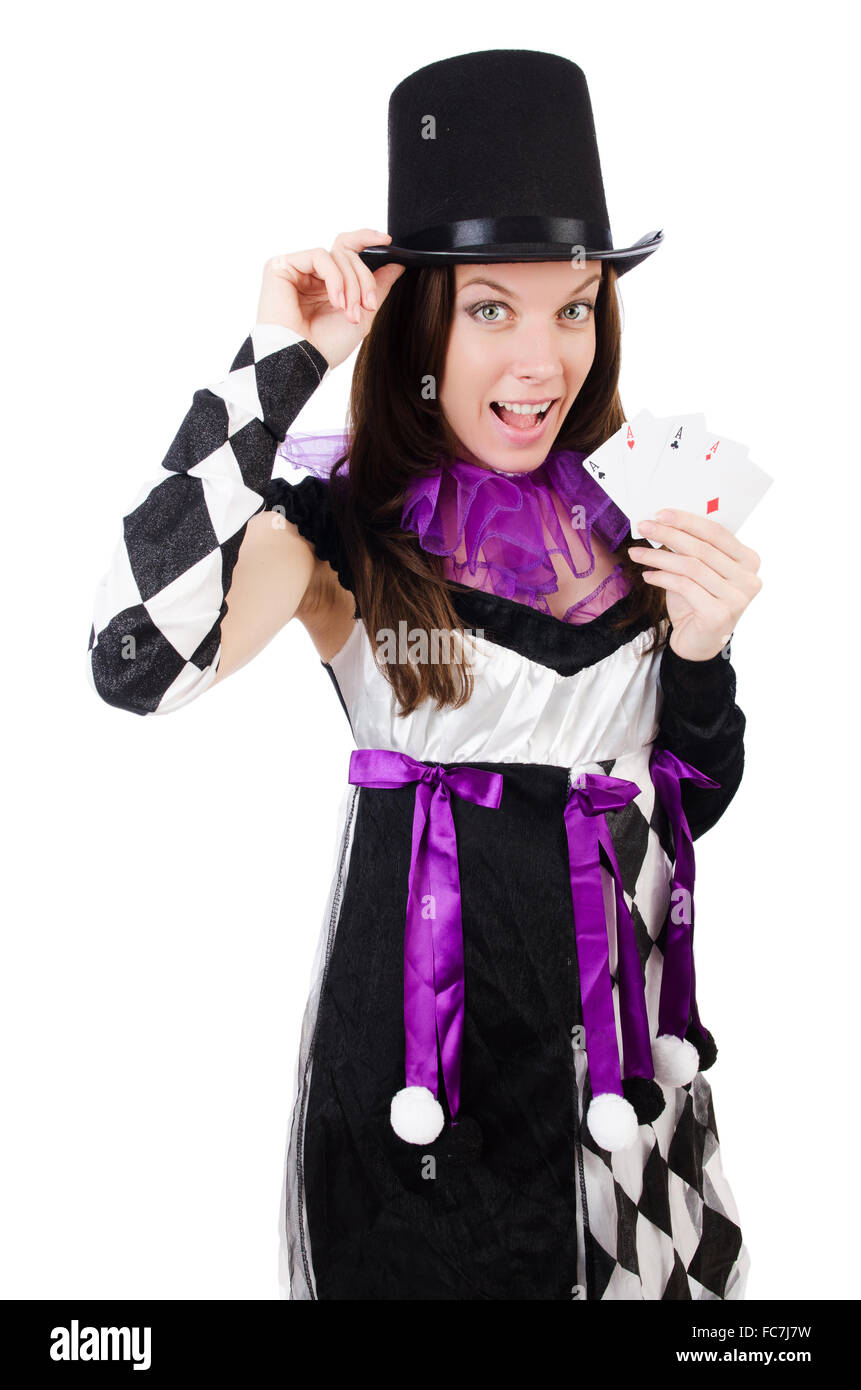 Pretty girl in jester costume with cards isolated on white Stock Photo ...