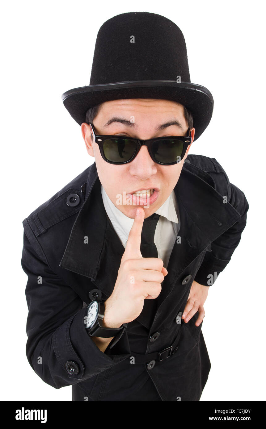 Young detective in black coat isolated on white Stock Photo - Alamy