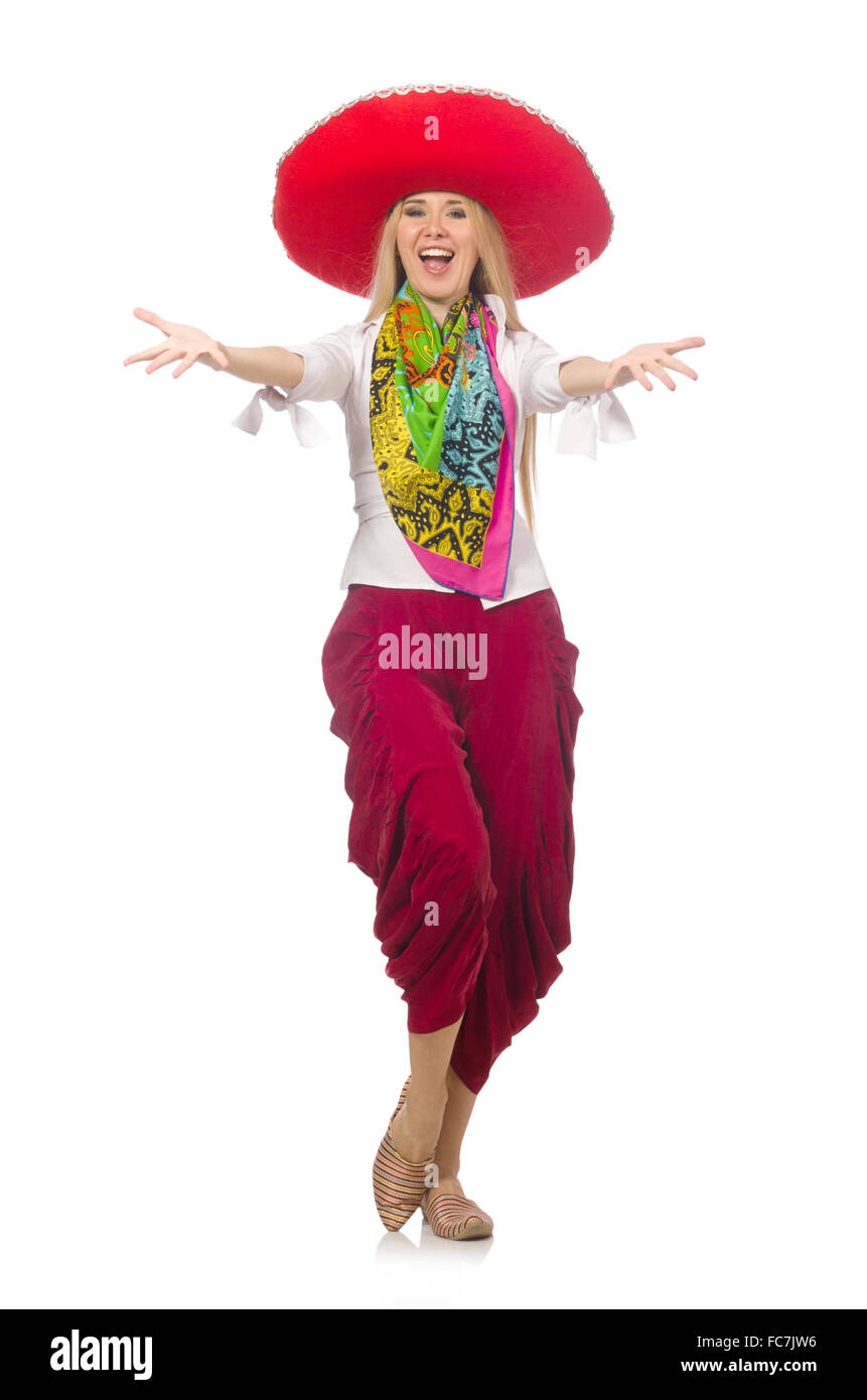 Mexican girl with sombrero dancing on white Stock Photo - Alamy