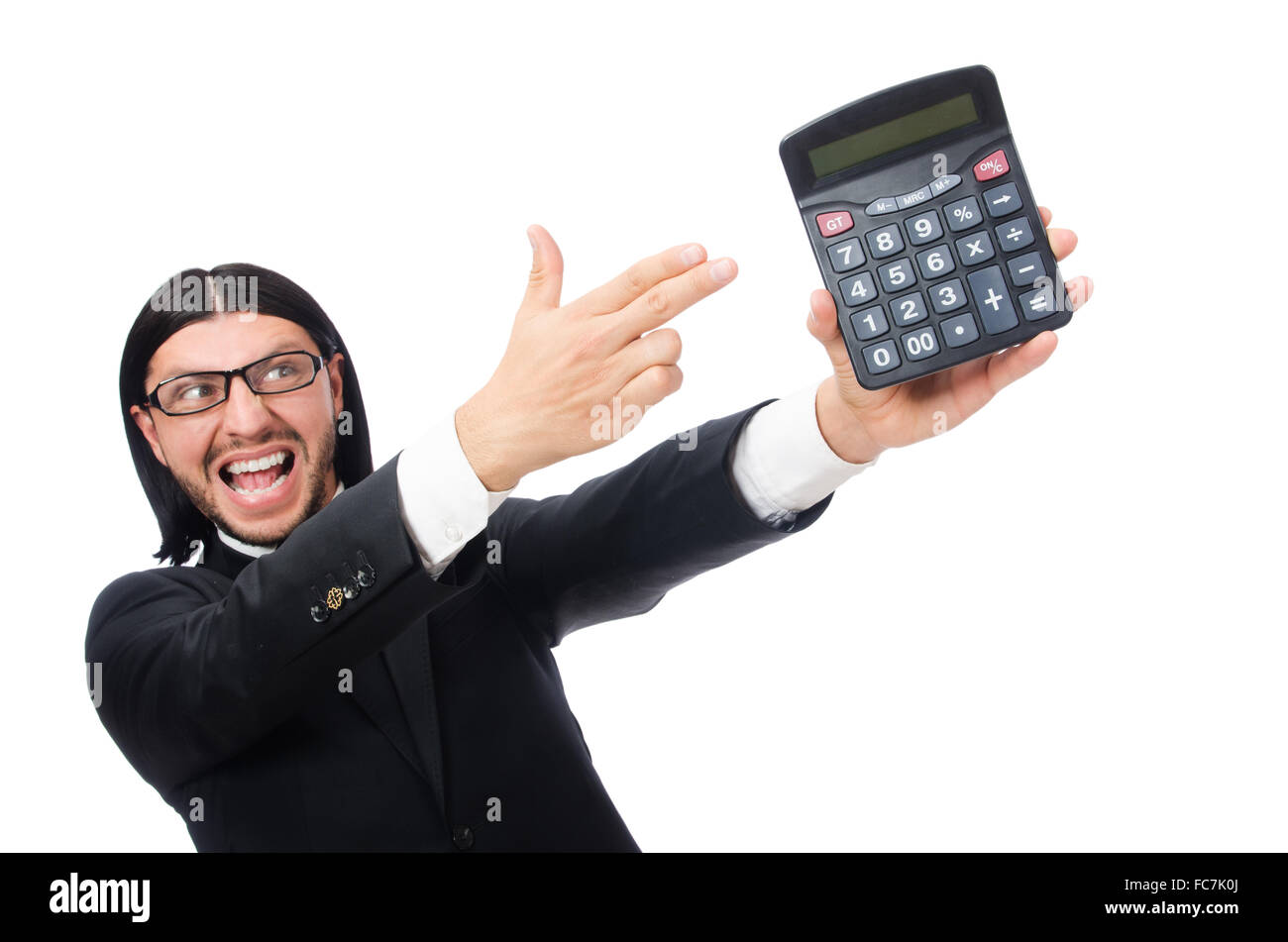 Man with calculator isolated on white Stock Photo - Alamy