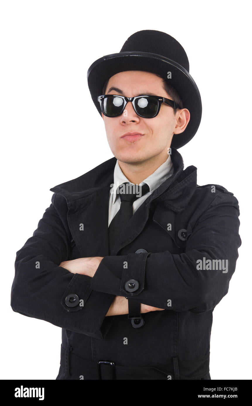 Young detective in black coat isolated on white Stock Photo - Alamy