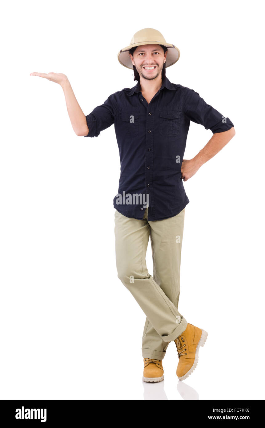 Man wearing safari hat isolated on white Stock Photo - Alamy
