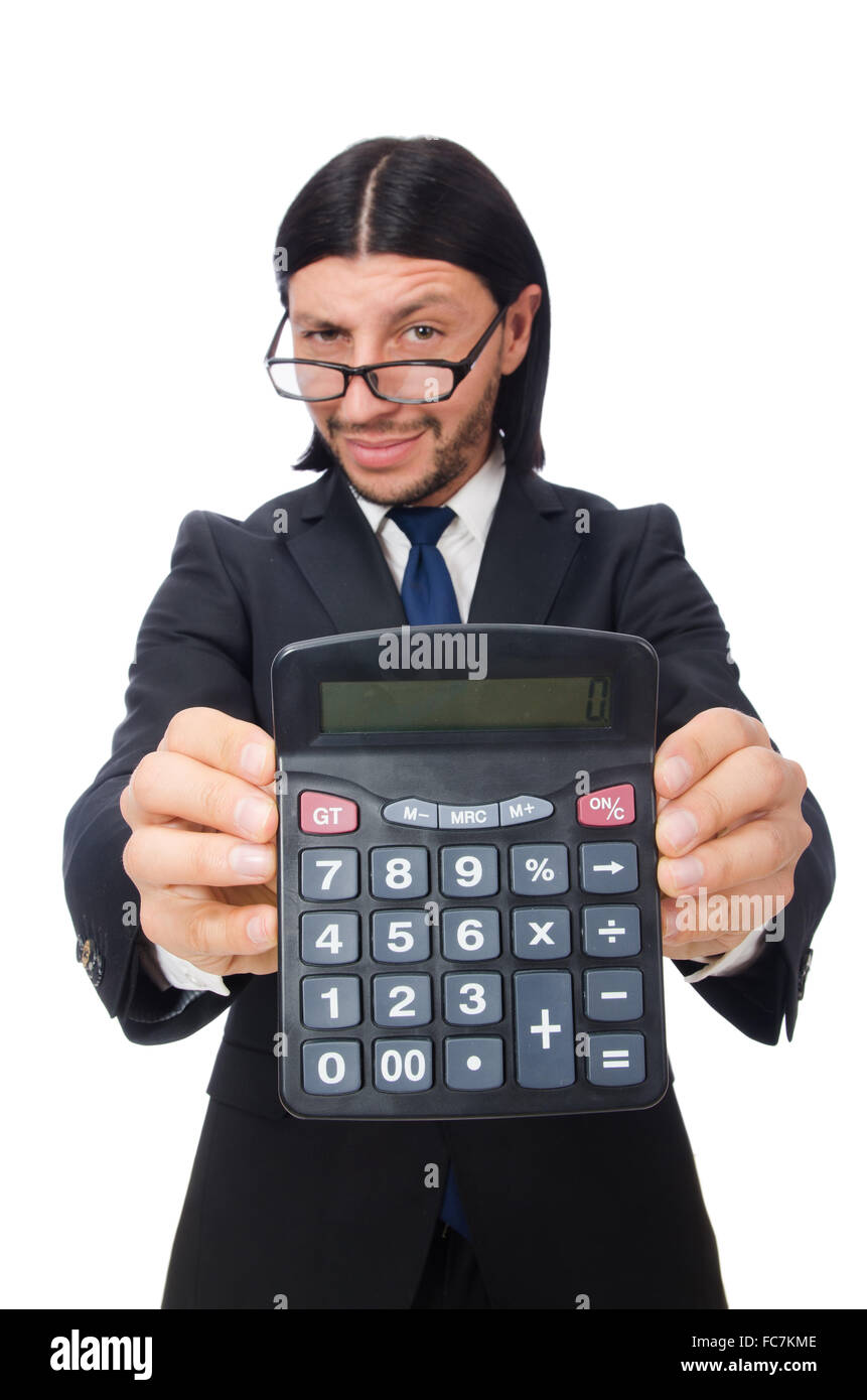 Man with calculator isolated on white Stock Photo - Alamy