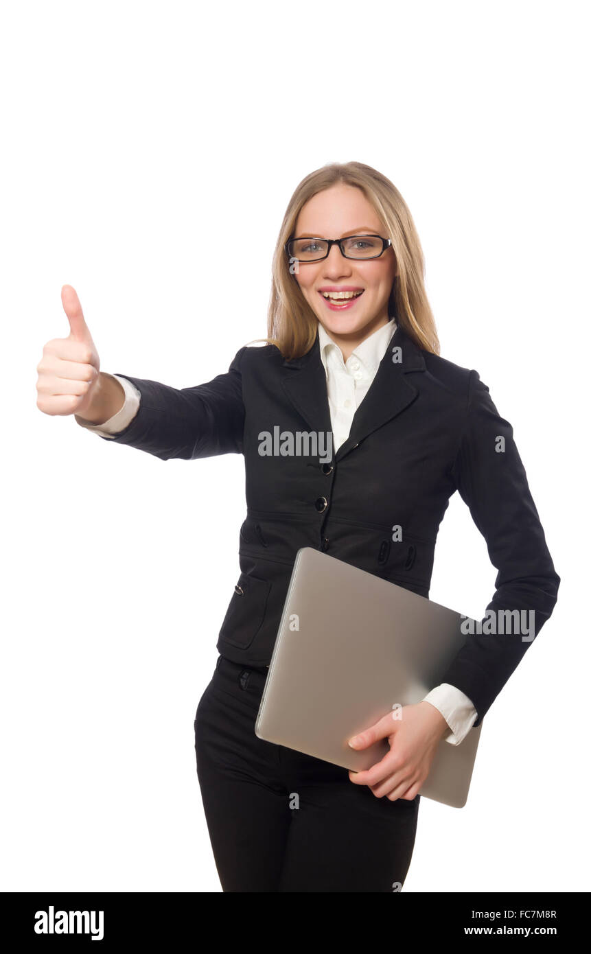 Pretty office employee with laptop isolated on white Stock Photo - Alamy