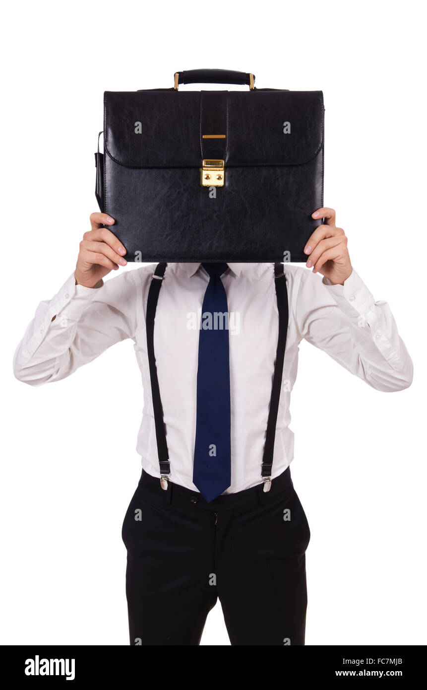 Young businessman holding briefcase isolated on white Stock Photo - Alamy