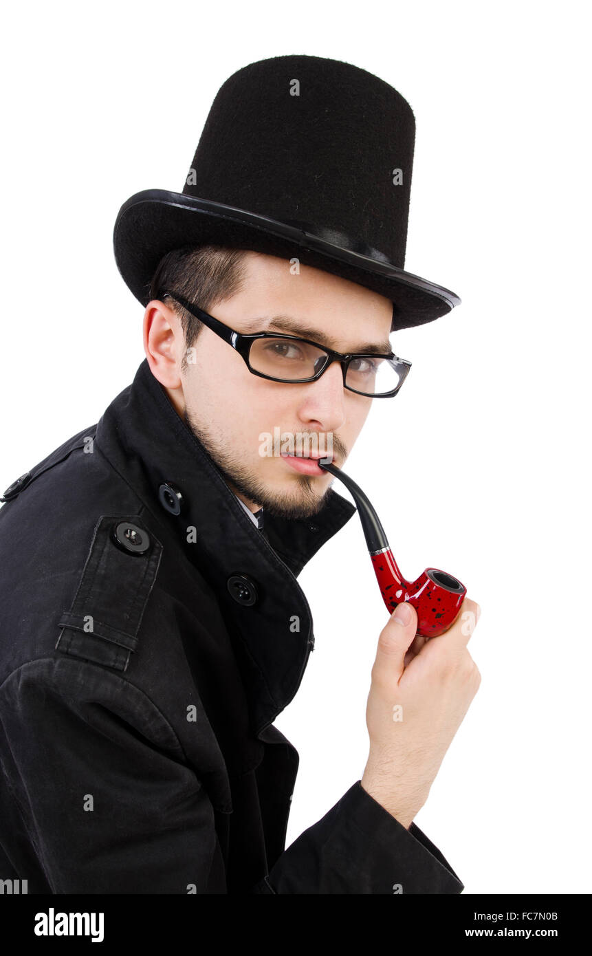 Young detective with smoking pipe isolated on white Stock Photo - Alamy
