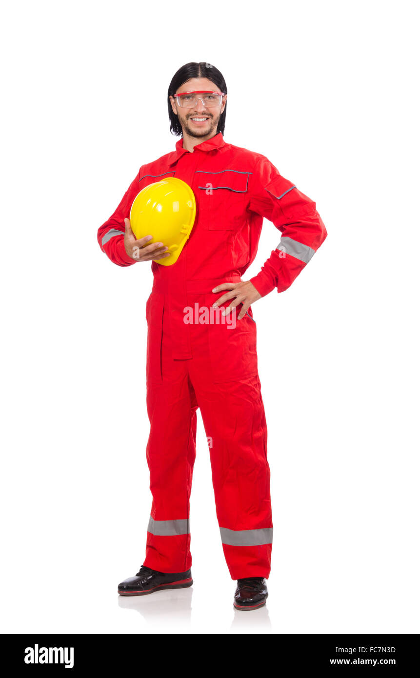 Man wearing red coveralls isolated on white Stock Photo - Alamy