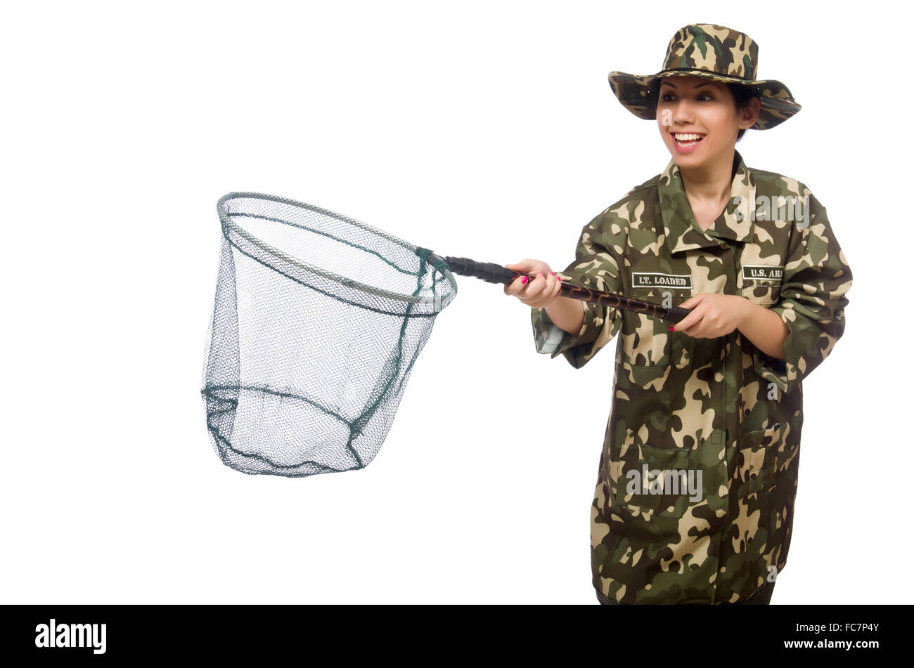 Woman in military clothing with catching net Stock Photo - Alamy