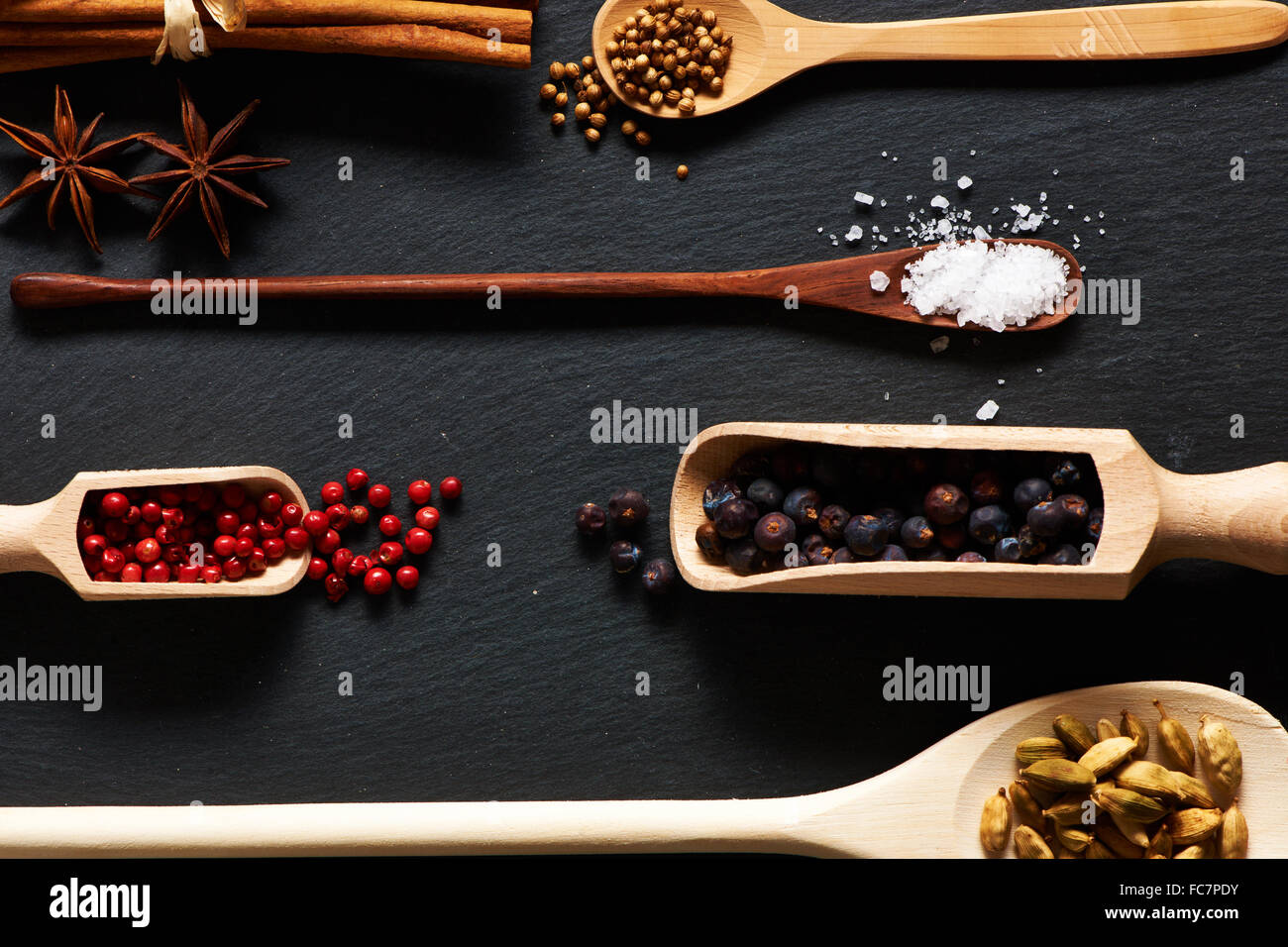 Spices in wooden utensils Stock Photo - Alamy
