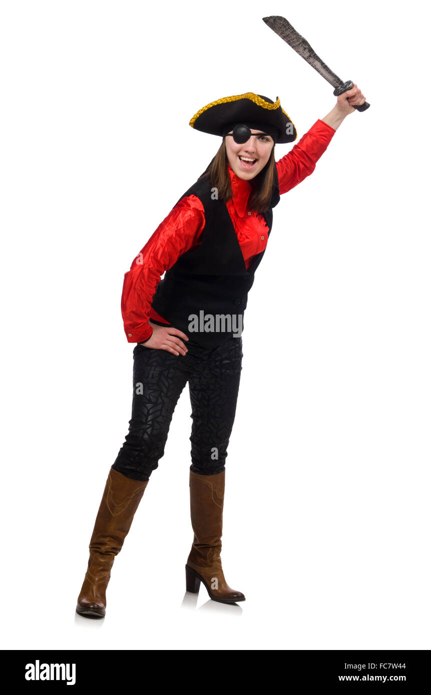 Female pirate holding sword isolated on white Stock Photo - Alamy