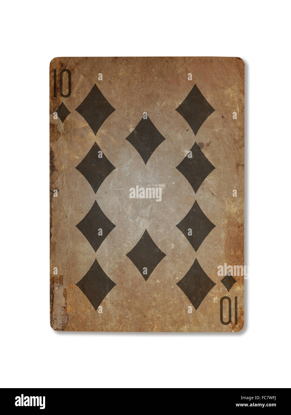 Very old playing card isolated on a white background, ten of diamonds ...