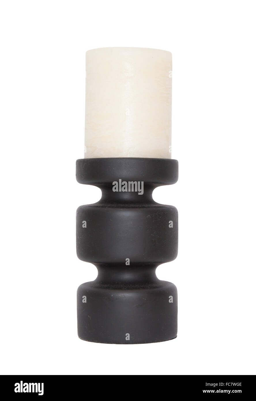 Dirty candle holder with white candle in it isolated over white ...