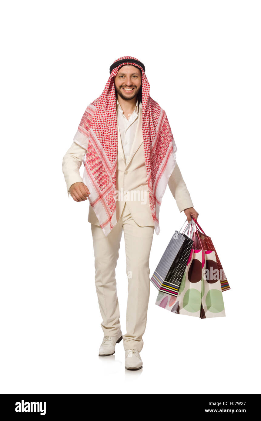 Arab man with shopping bags on white Stock Photo - Alamy