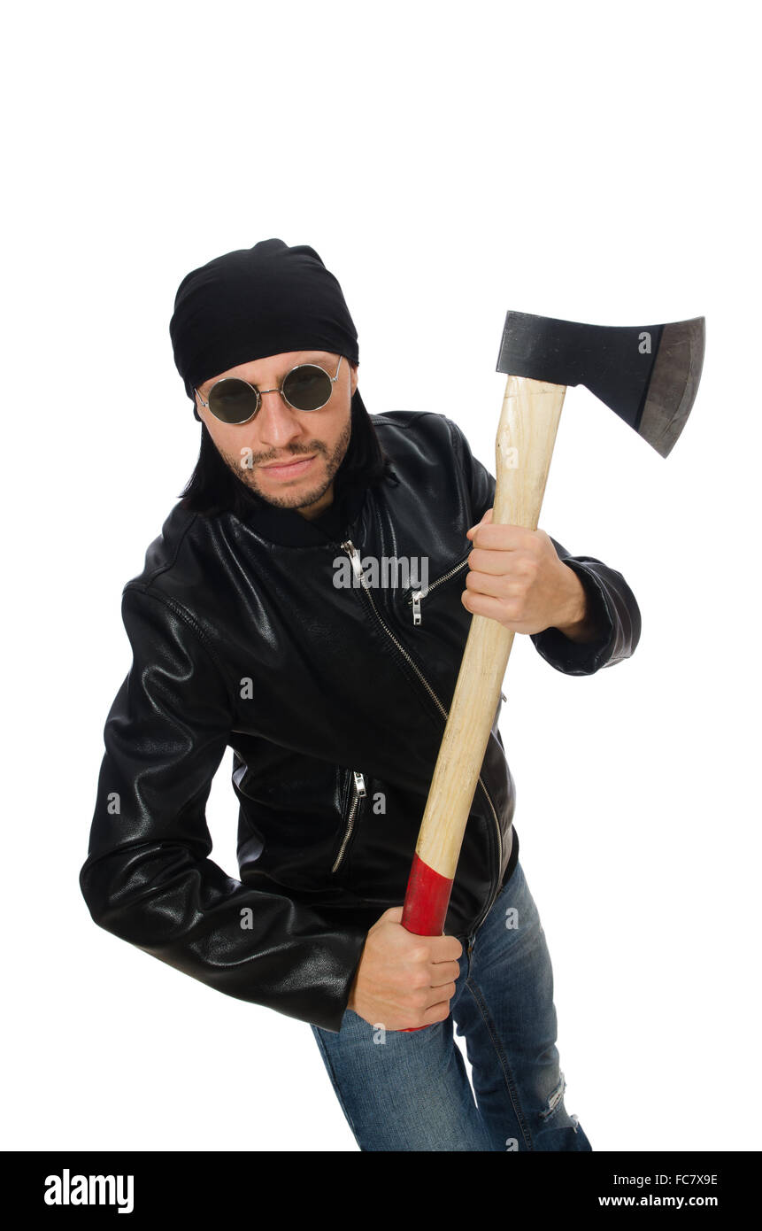 Angry man with axe isolated on white Stock Photo - Alamy