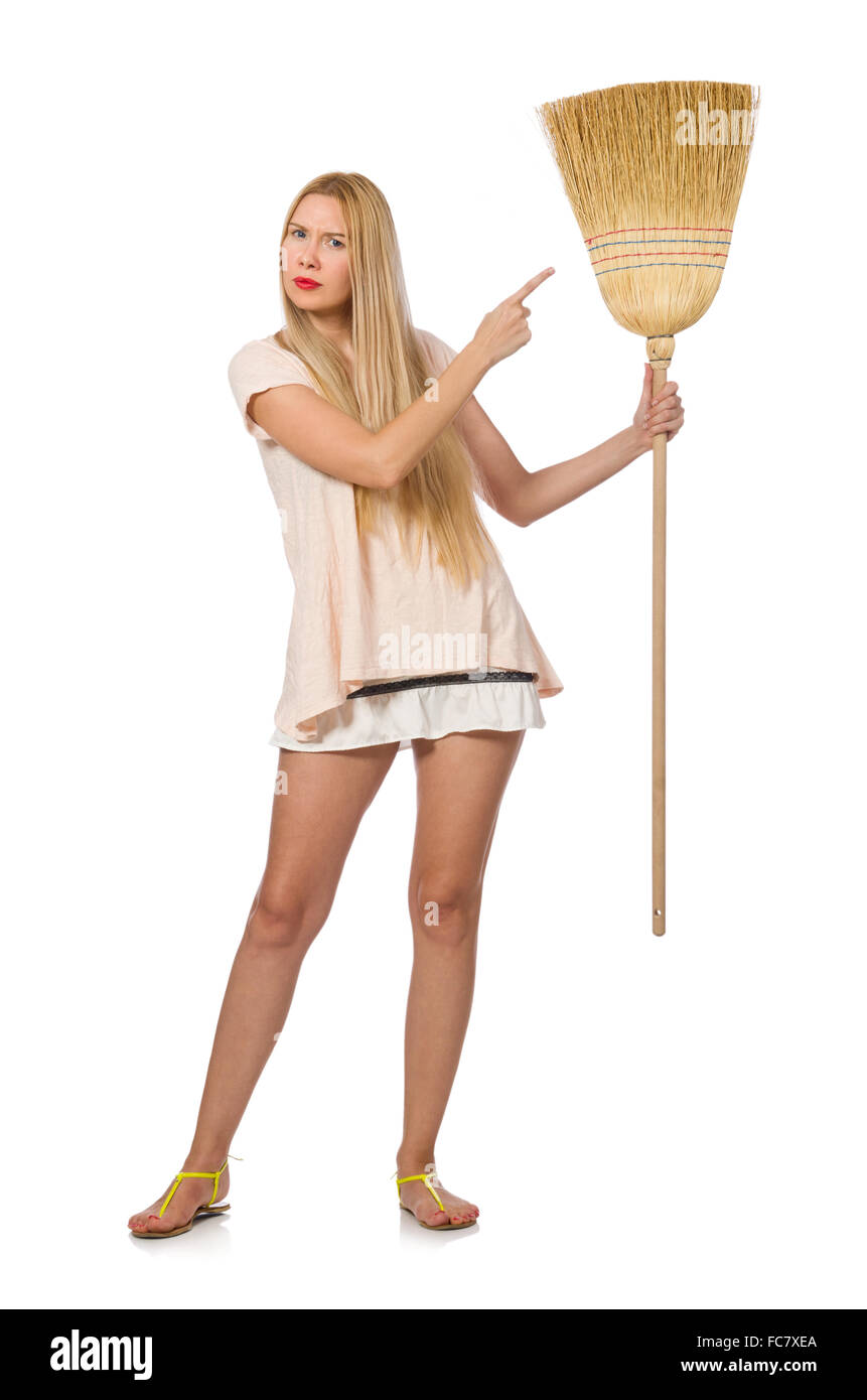 Young woman with broom isolated on white Stock Photo - Alamy