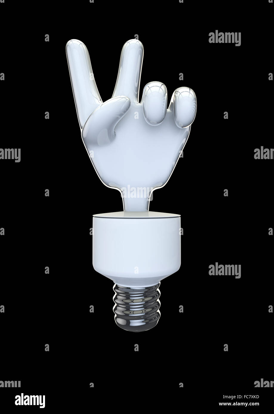 Energy bulb victory or peace sign / 3D render of hand shaped energy ...