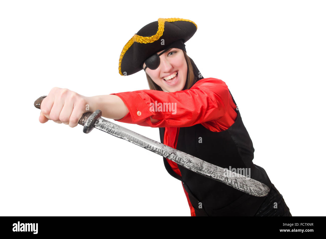 Female pirate holding sword isolated on white Stock Photo - Alamy