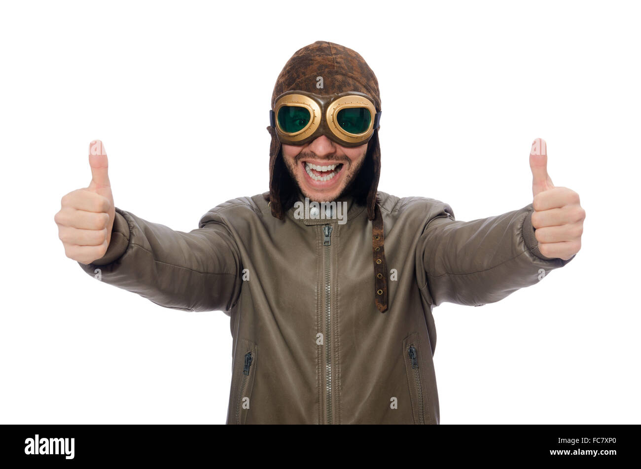 Man wearing pilot goggles isolated on white Stock Photo - Alamy