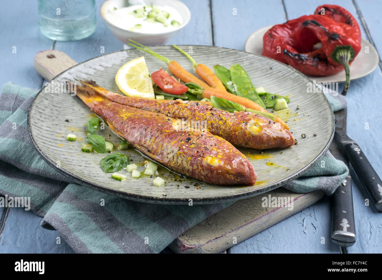 Barbecue Red Mullet on Plate Stock Photo - Alamy