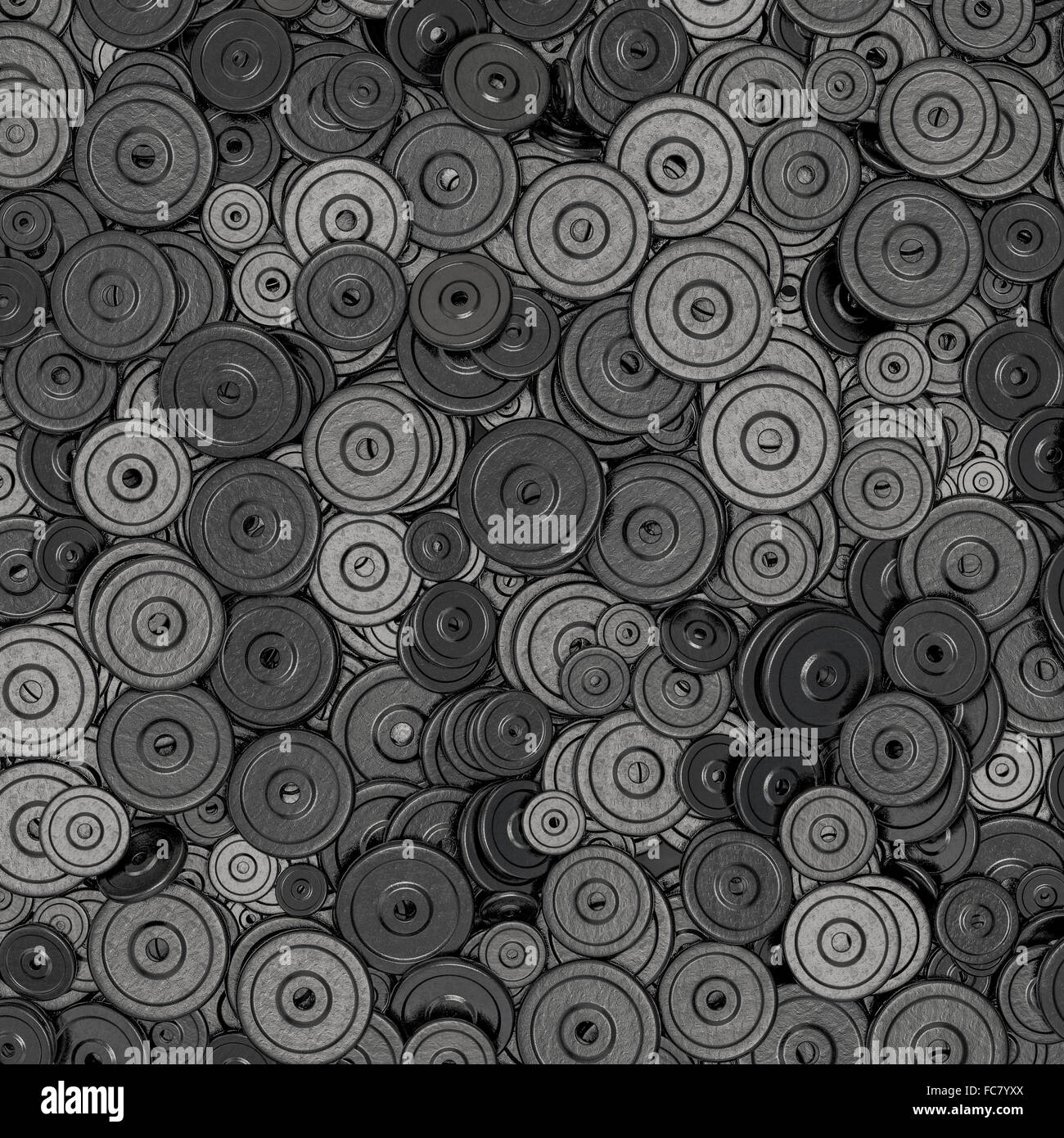 Weight plates background / 3D render of hundreds of heavy weight plates ...