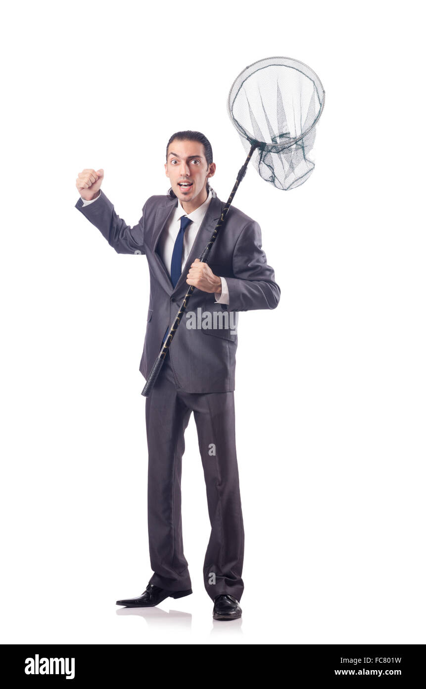 Funny businessman with catching net on white Stock Photo - Alamy