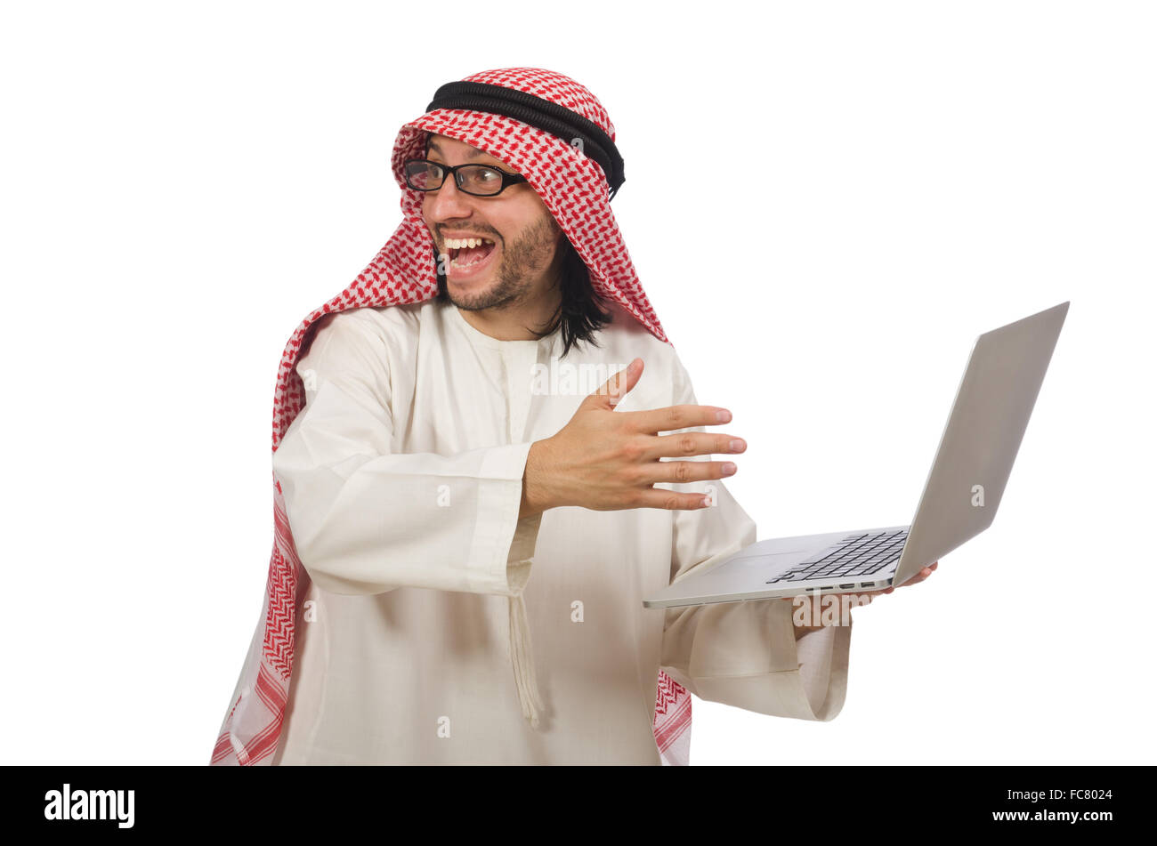 Arab man with laptop isolated on white Stock Photo - Alamy
