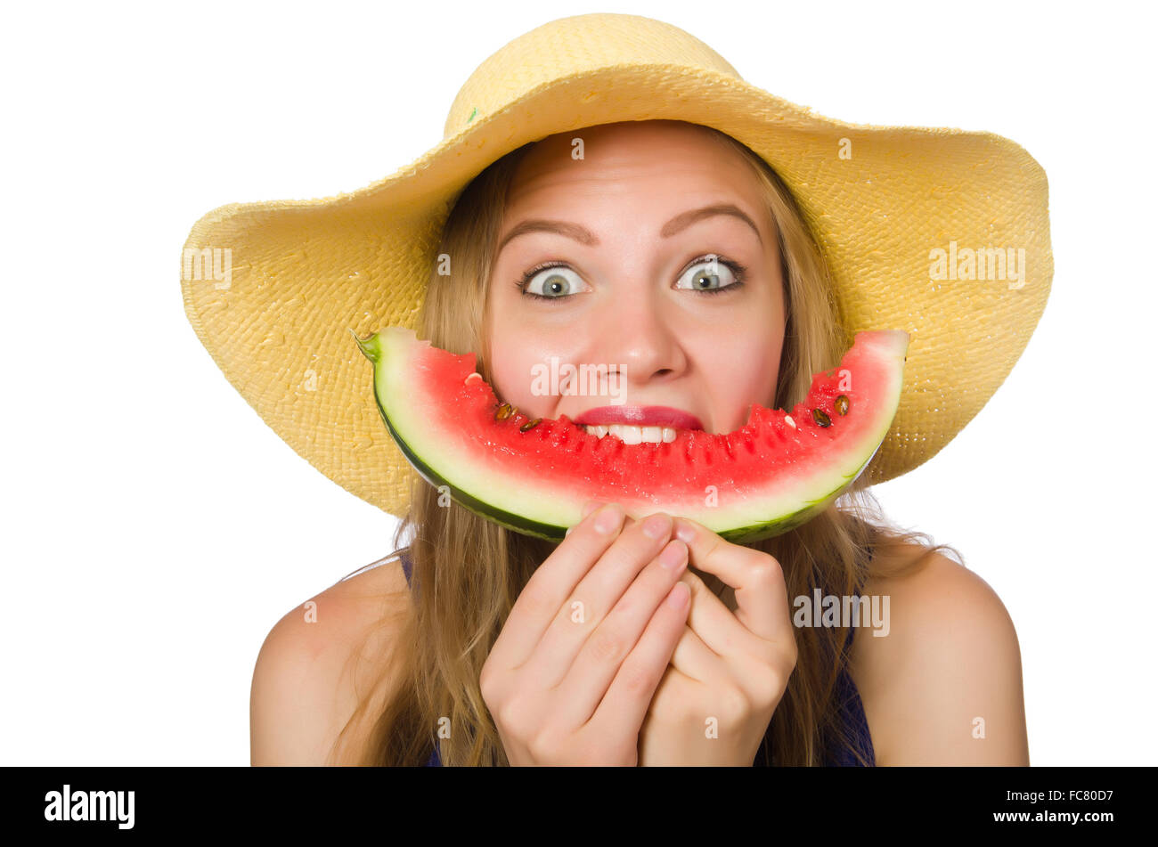 Woman with watermelon isolated on white Stock Photo - Alamy