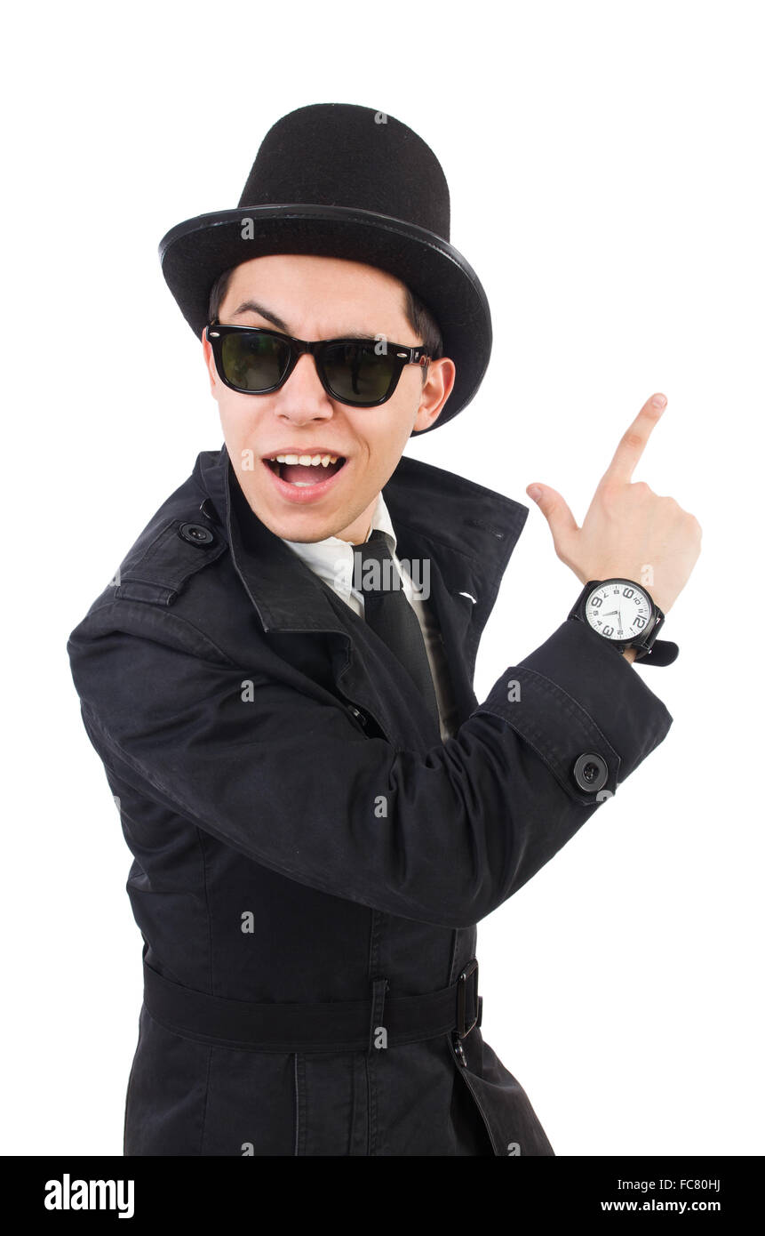 Young detective in black coat isolated on white Stock Photo - Alamy